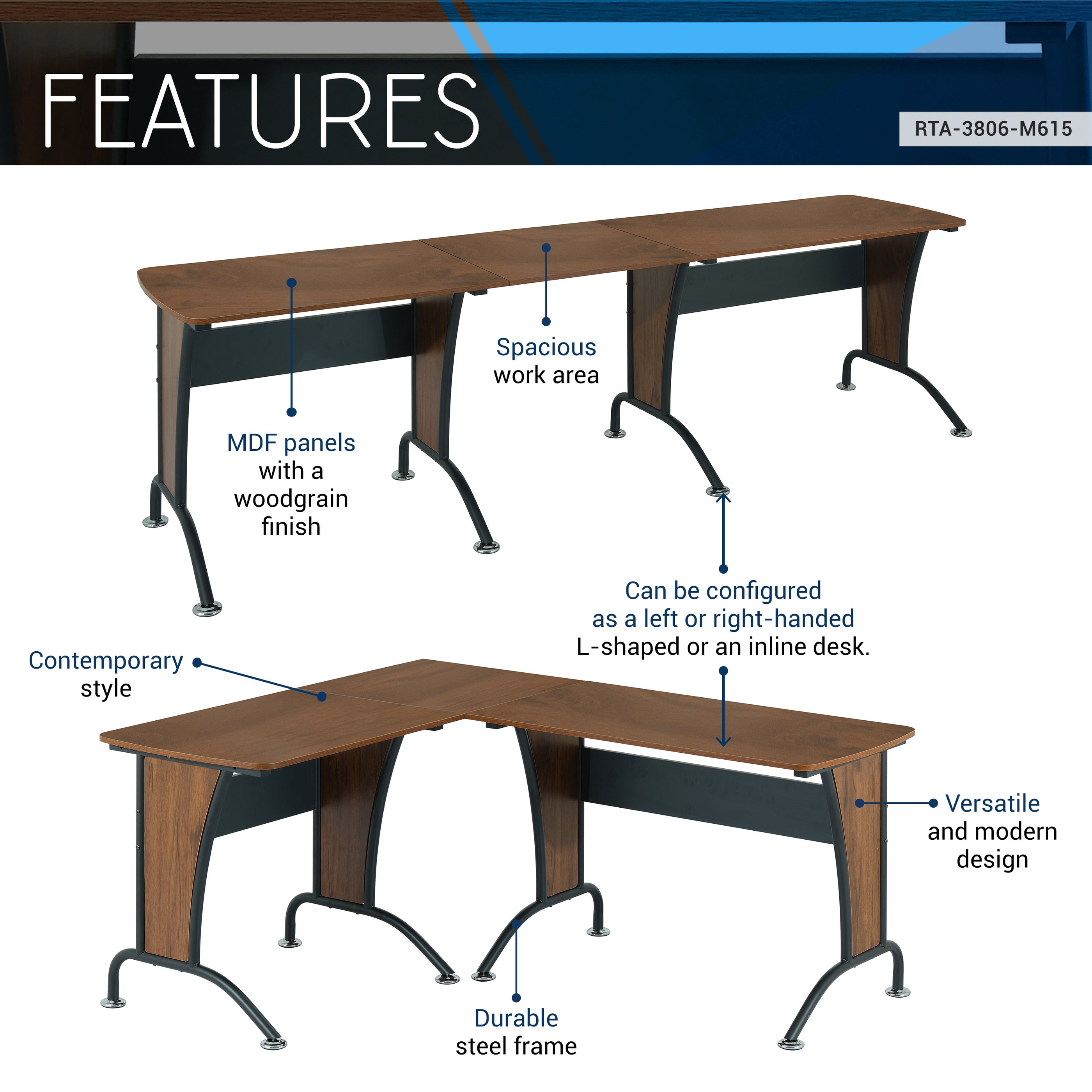 Re-designed Techni Mobili Deluxe L-Shaped Desk w/ Inline Team Desk ...