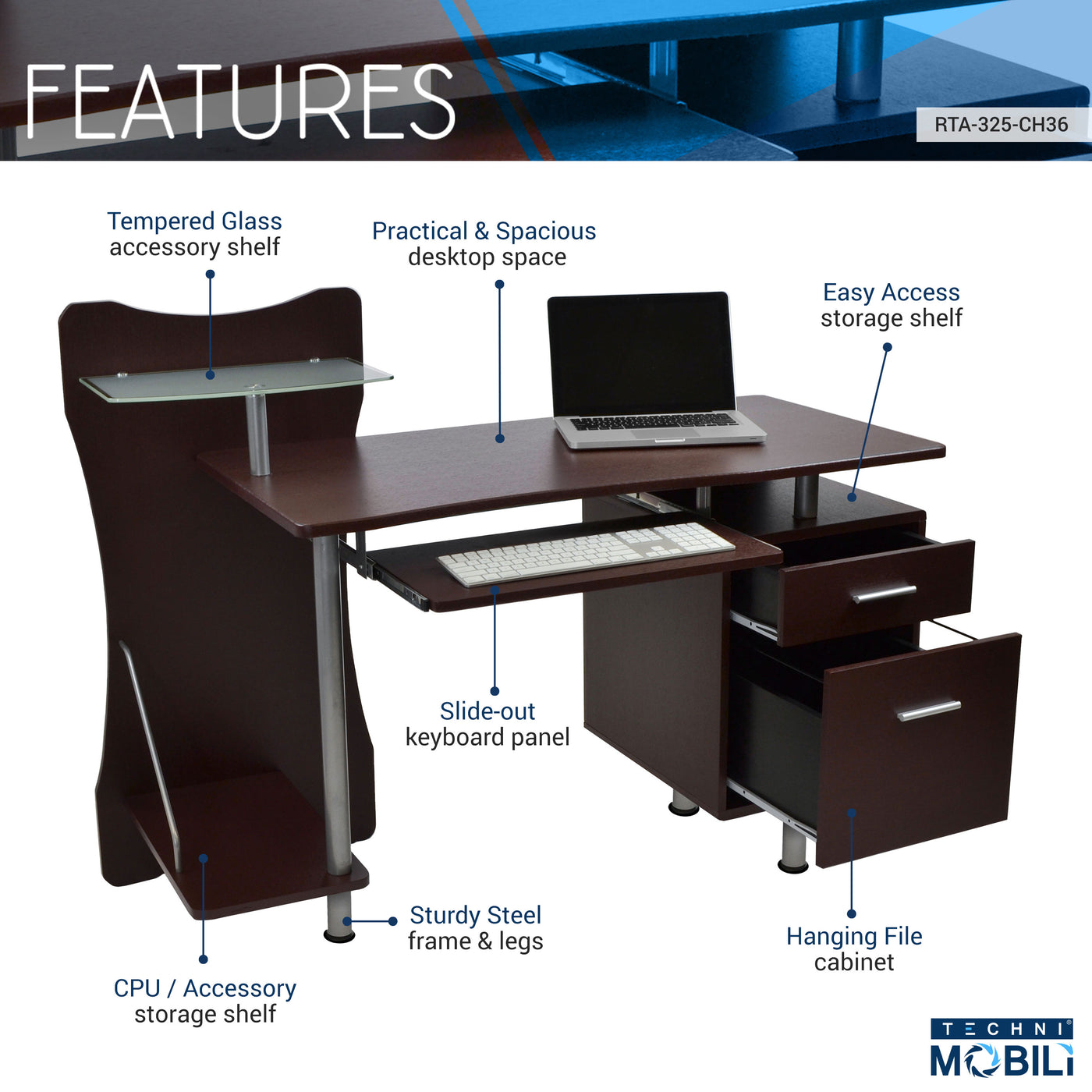 Techni Mobili Stylish Modern Computer Desk w/ Storage — Shopango.com