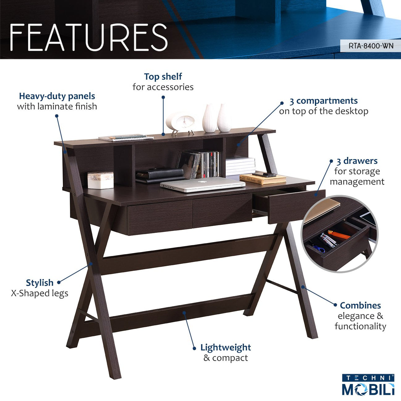 Techni Mobili Modern (3-Drawer) Writing Desk — Shopango.com