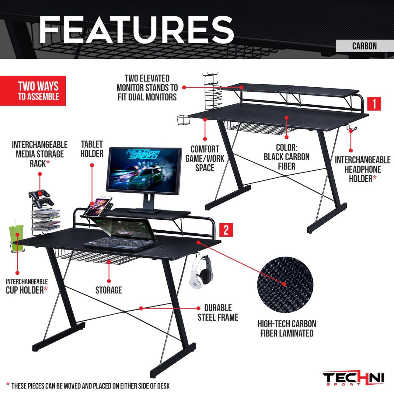 Techni Sport Carbon Fiber Gaming Desk with headset and cup holder ...